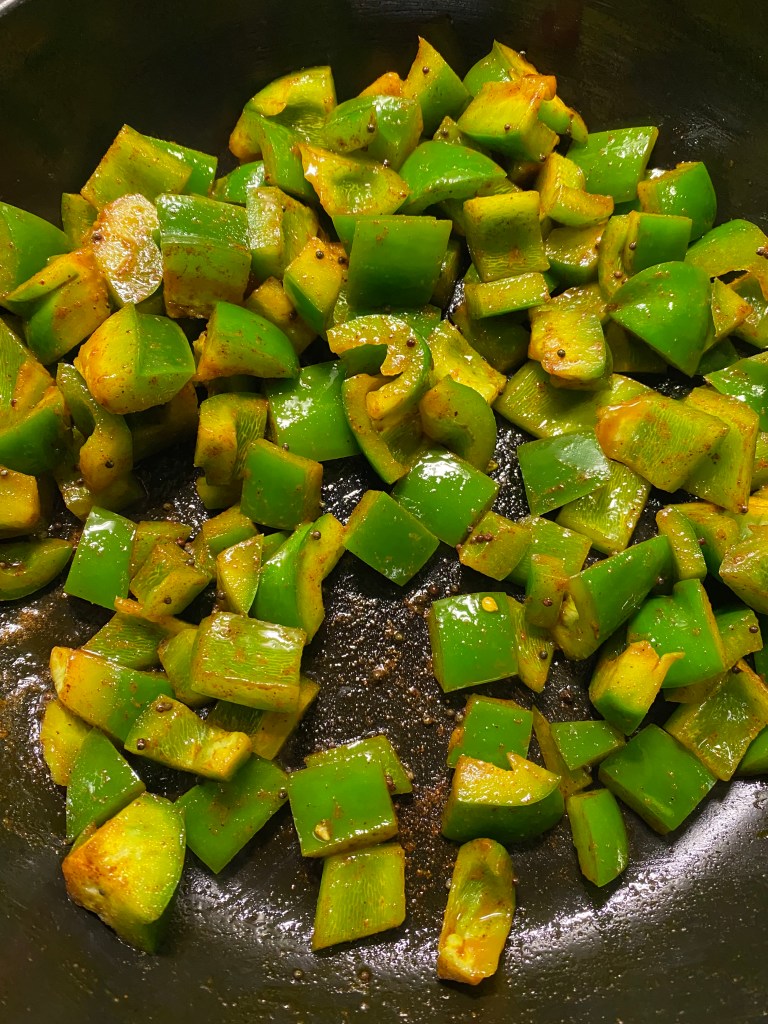 Besan-Simla Mirchi Bhaji | Side dish with capsicum & chickpea flour ...
